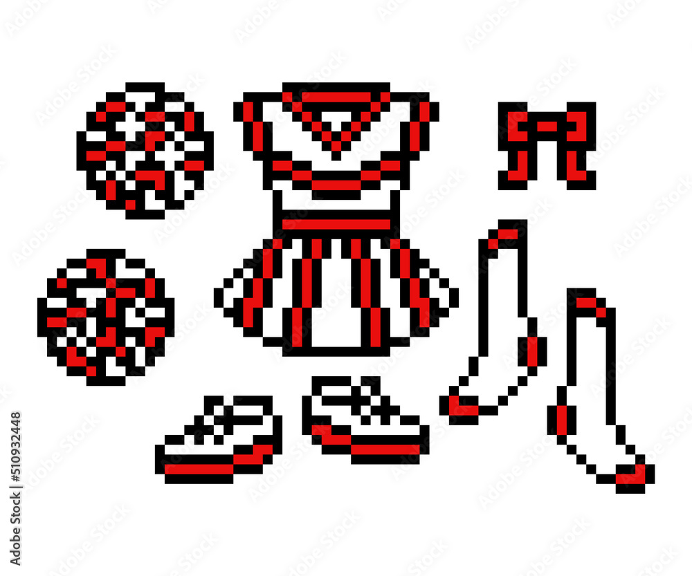 Pixel art cheerleader costume (dress, pom-poms, ribbon bow hair pin ...