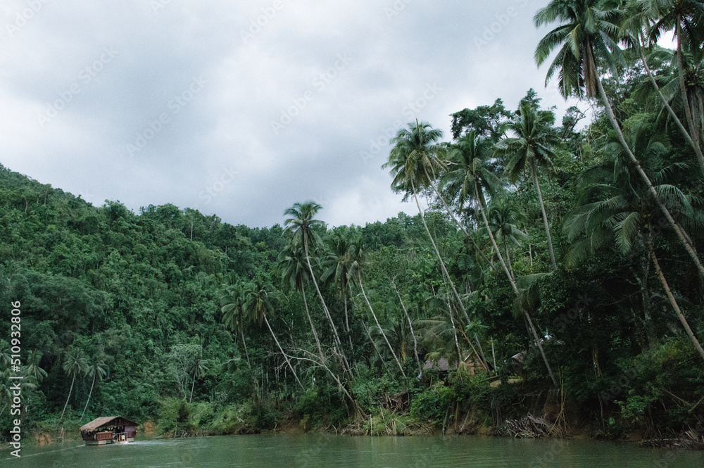 traditional raft boat on a jungle green river Loboc at Bohol island of ...
