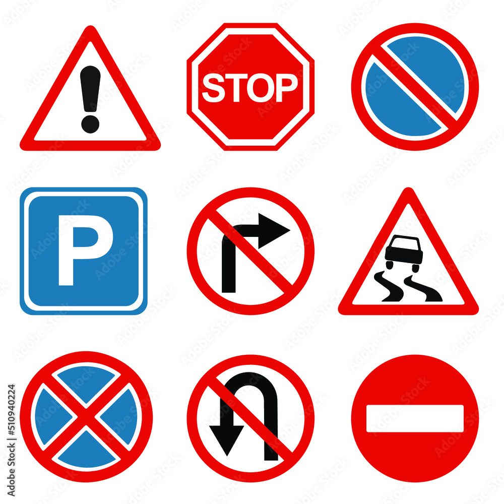 Vector road signs. Danger, stop, parking, passage closed, turn ...