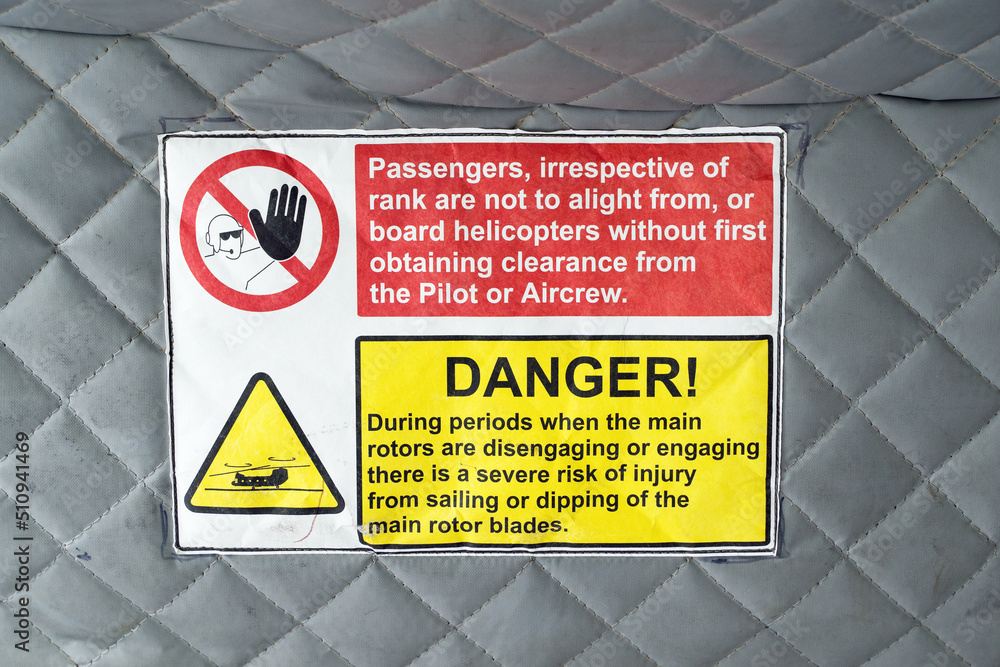 Internal safety signs in the cargo bay of a Chinook combat helicopter ...
