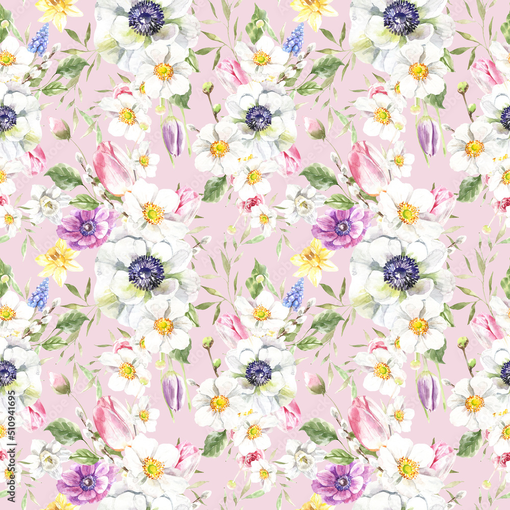 Watercolor pink cute bunny seamless pattern, spring flora background ...