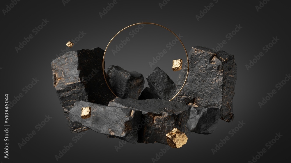 3d render, abstract background with black cobblestone ruins, broken ...