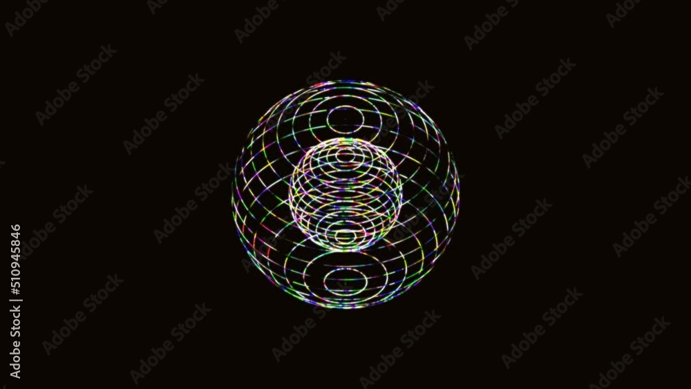 Glowing animated sphere inside sphere symbol. Random rotating circles ...