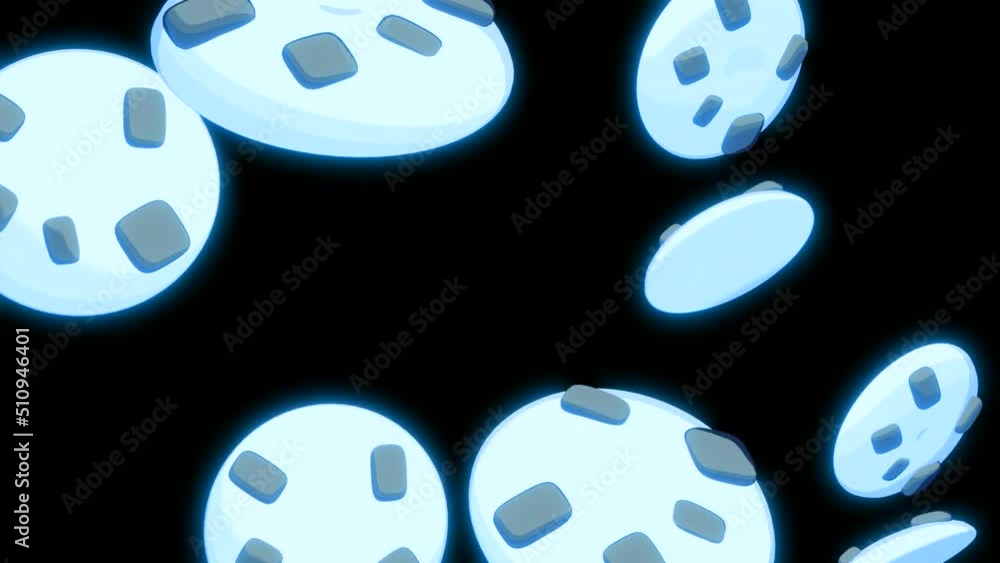 Many blue neon round cookies with chocolate chips rotating and falling ...