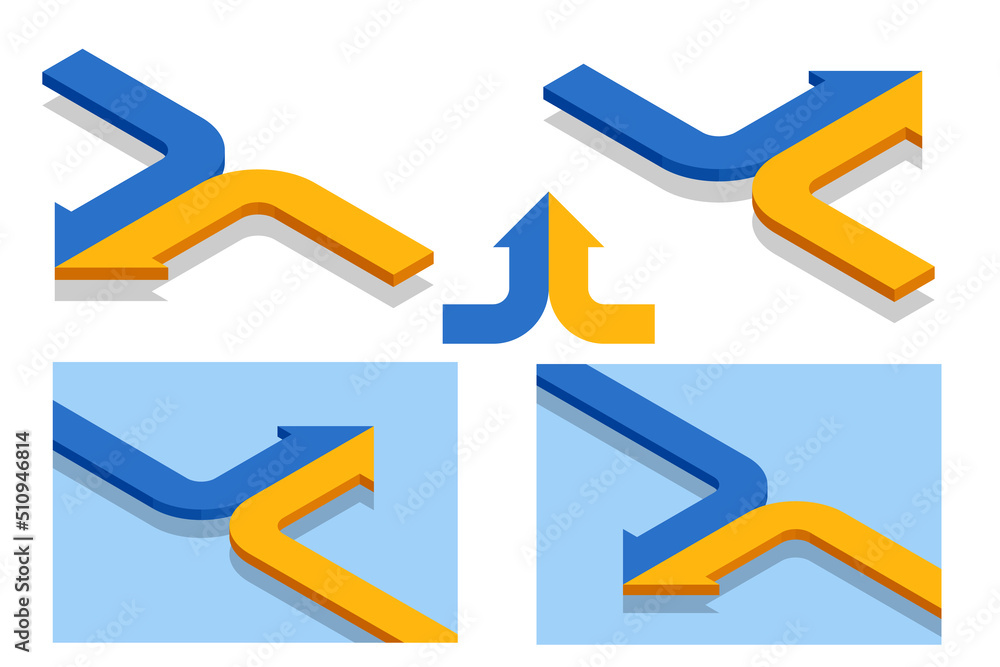 Isometric arrow of two blue and yellow ones merging Stock Vector ...