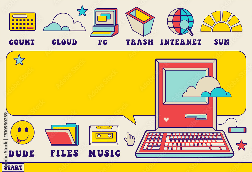 Retro groovy banner with desktop window and copy space.Old computer ...