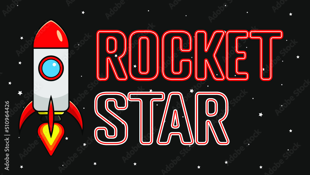 Cartoon rocket on black background with stars and neon light text ...
