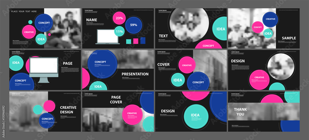 Business photo presentation, black elements background set. Brochure ...