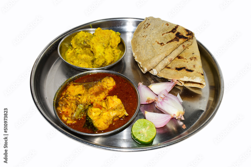Rohu fish plates, onion, lemon and roti in the plate, fish plate ...