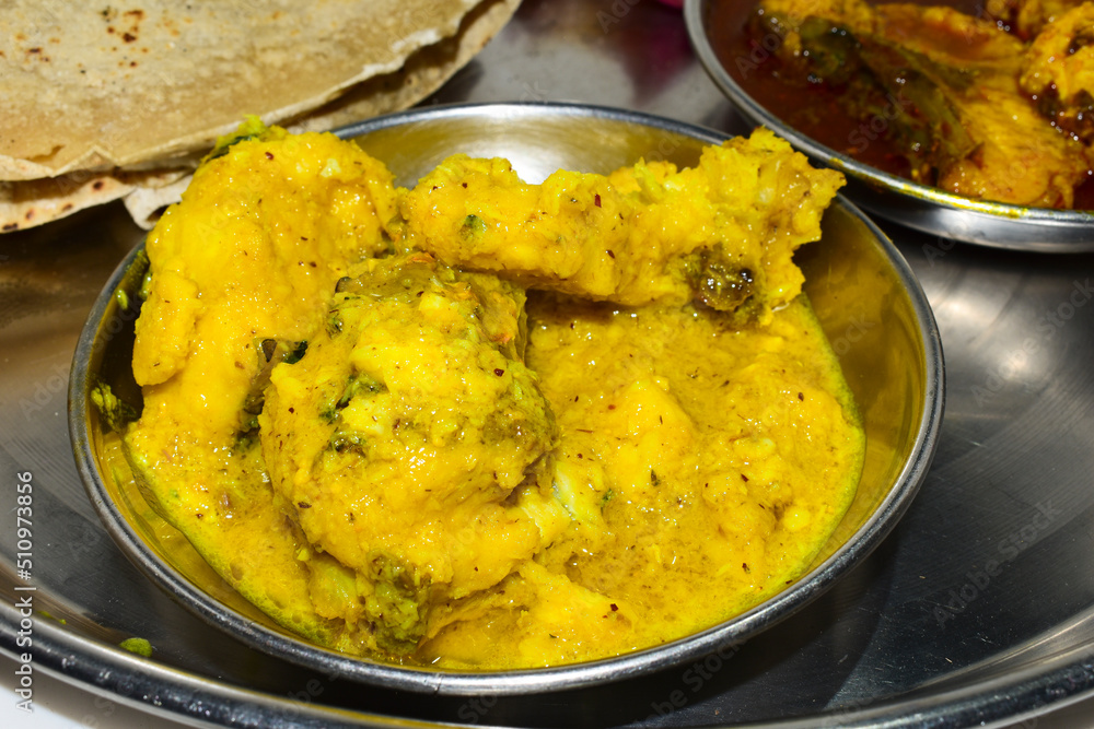 Rohu fish plates, onion, lemon and roti in the plate, fish plate ...