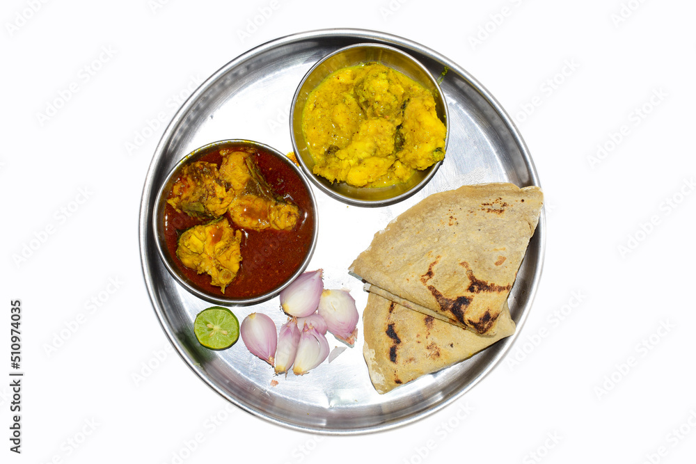Rohu fish plates, onion, lemon and roti in the plate, fish plate ...