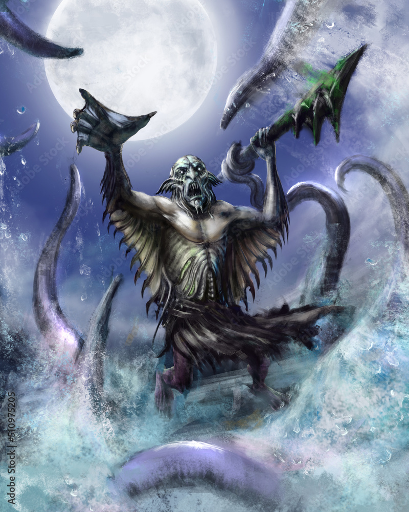 The sea goblin attacks a monster with tentacles with a poisoned spear ...