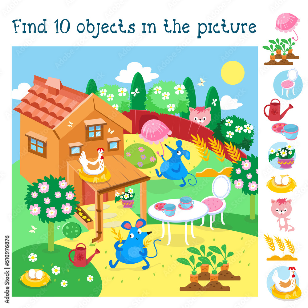Find 10 hidden objects. Educational game for children. Cute mice near house in summer garden ...