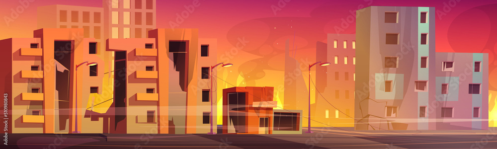 Destroyed city street with broken houses, fire and smoke. Vector ...