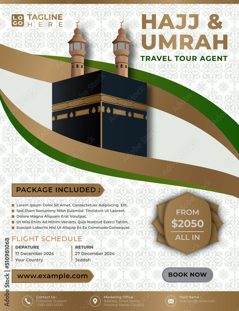 Vetor do Stock: Islamic hajj and umrah brochure or flyer template background design with mecca ...