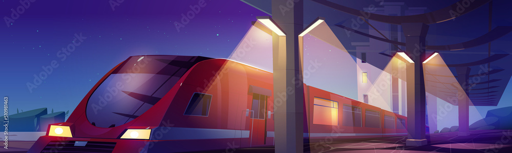 Modern railway station with train at night. Vector cartoon illustration ...