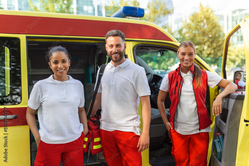 Paramedics at work with an ambulance. Paramedic nurse and emergency ...