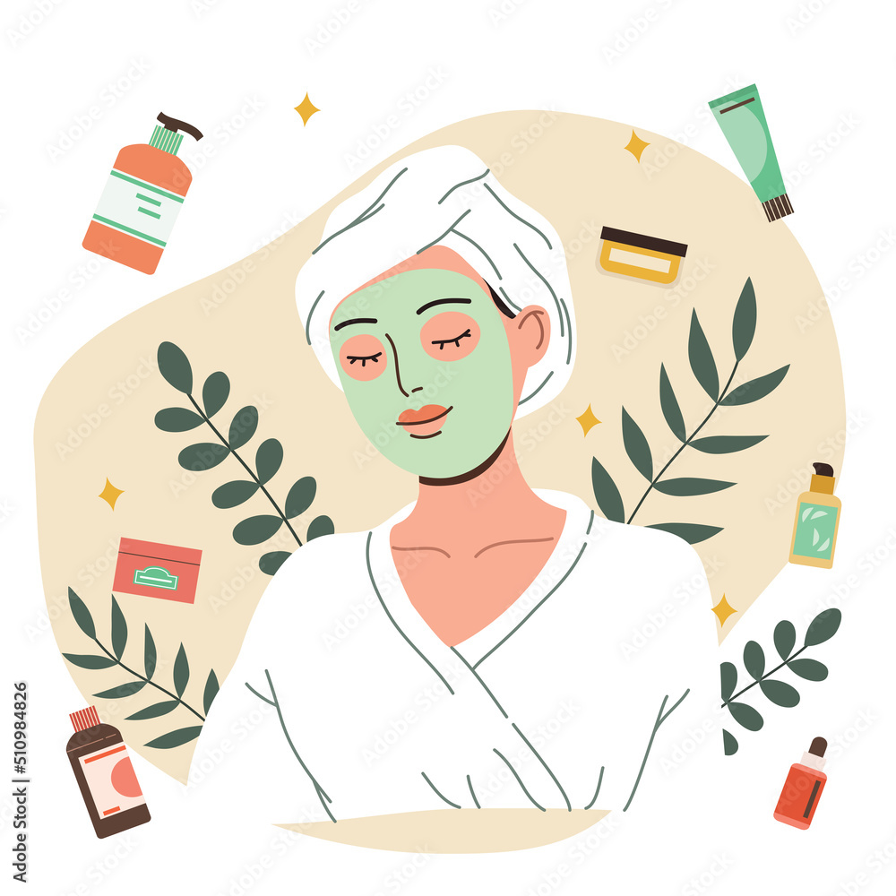 Skincare routine. Cute young woman applying facial mask. Self care ...