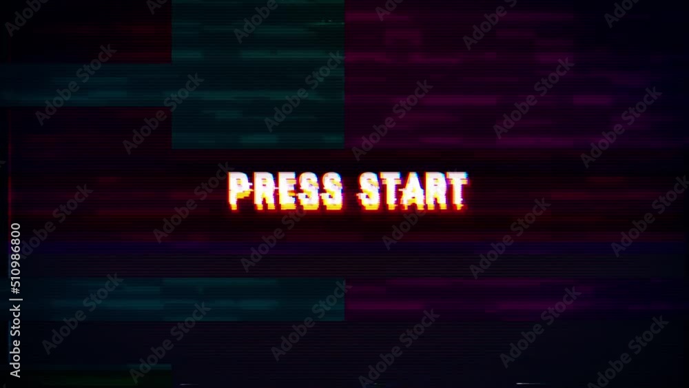 PRESS START text with Glitch pixel screen animation. VHS vignetted ...