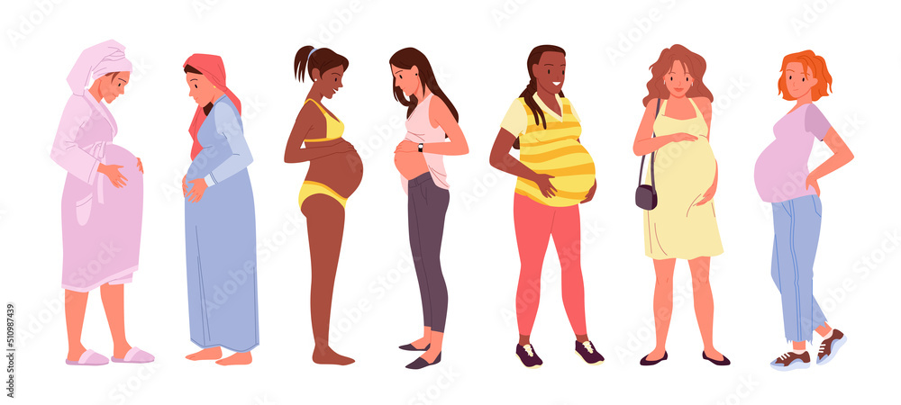 Pregnant women set vector illustration. Cartoon diverse group of female ...
