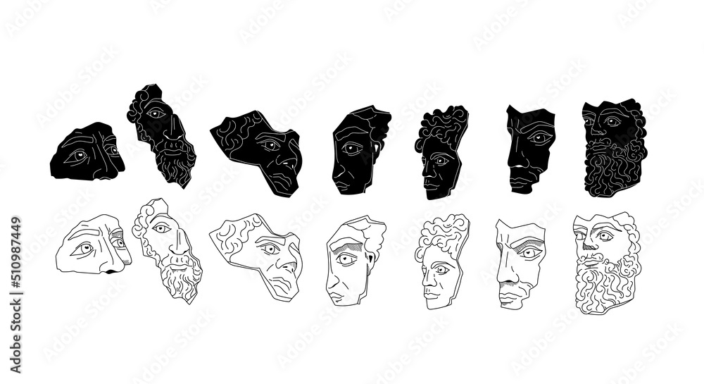 Greek antique face statues of a gods and a heros, vector black white ...