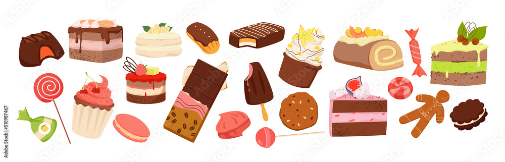 Sweet candy and cakes set vector illustration. Cartoon sugar snack ...