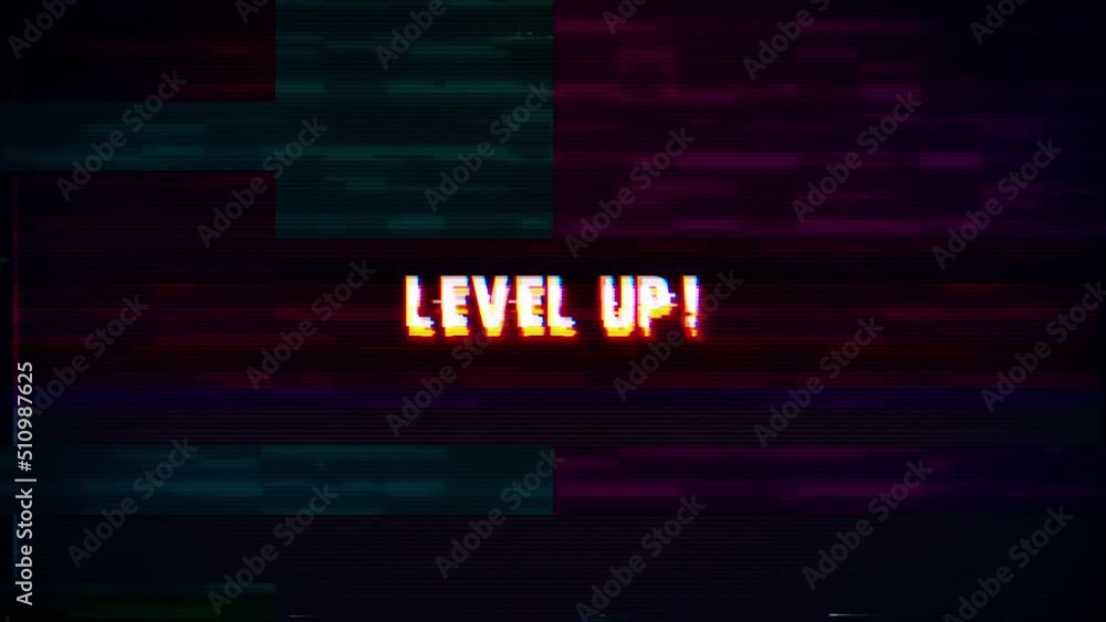 Glitch pixel video game screen animation with pixel text Level Up. VHS ...