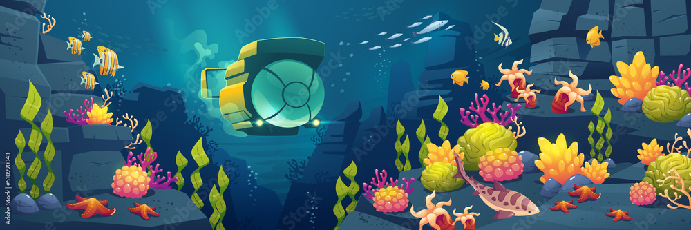 Underwater sea landscape with submarine, fish, corals, marine plants ...