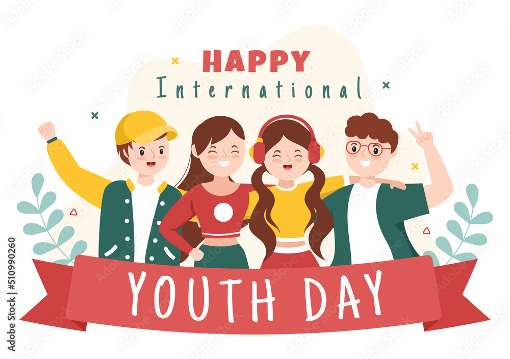 Happy International Youth Day Cute Cartoon Illustration with Young Boys ...