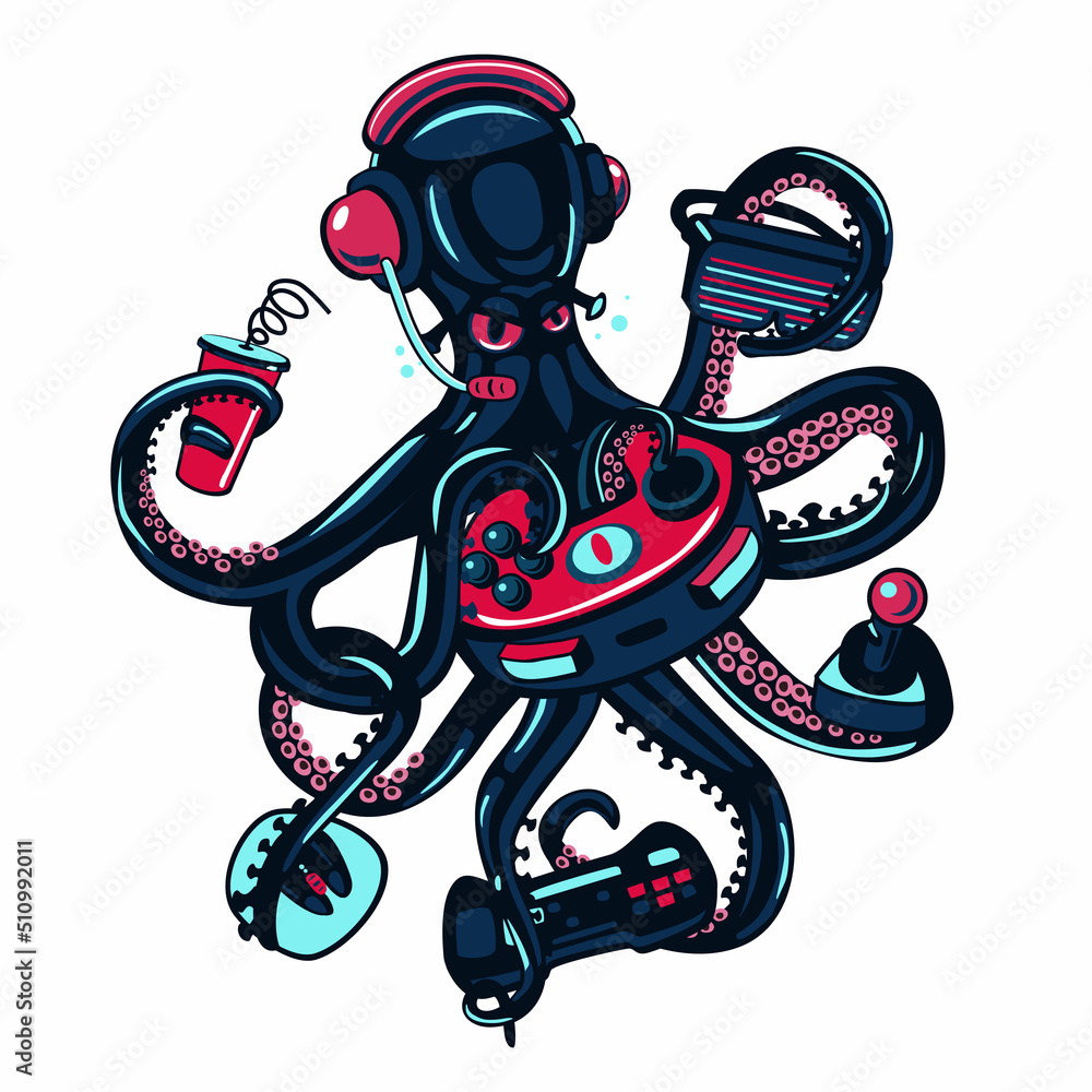 Octopus video gamer with gamepad. in tentacles. Cyber sport game poster ...