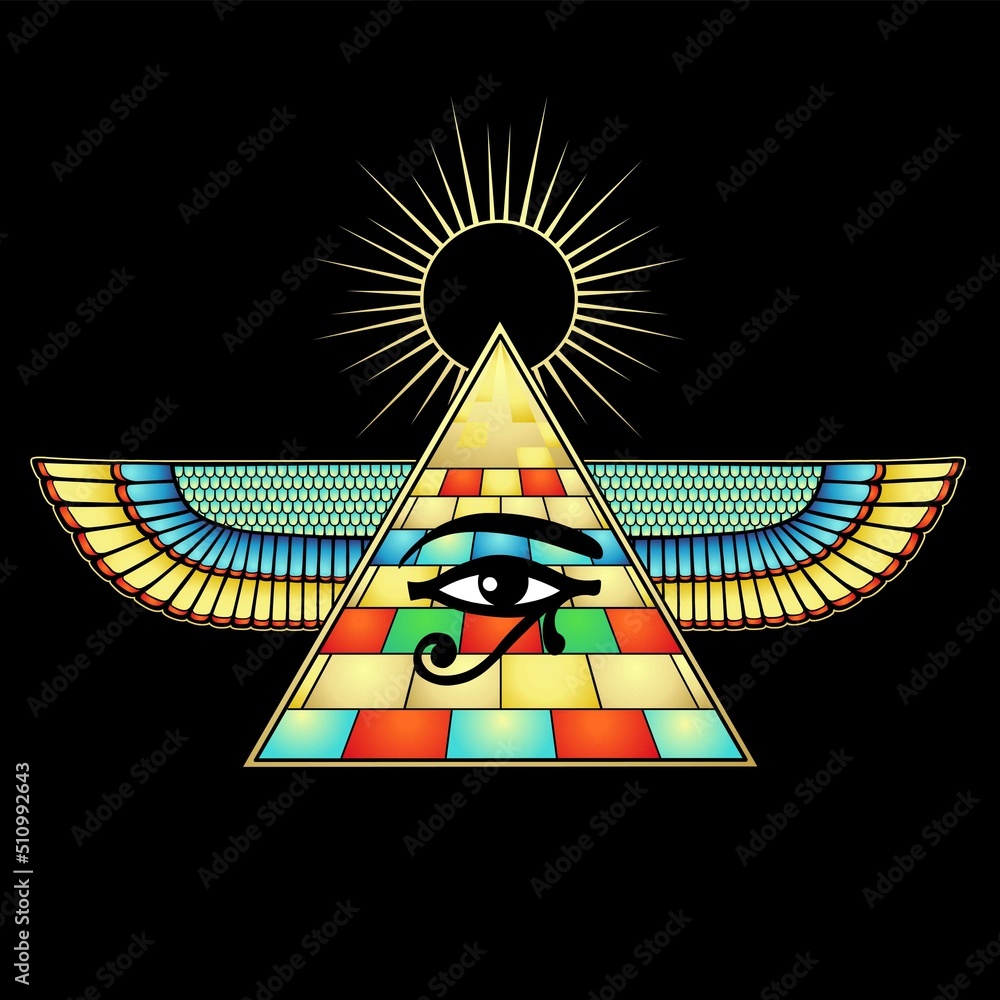 Animation color drawing: winged Egyptian pyramid, eye of Horus, divine ...
