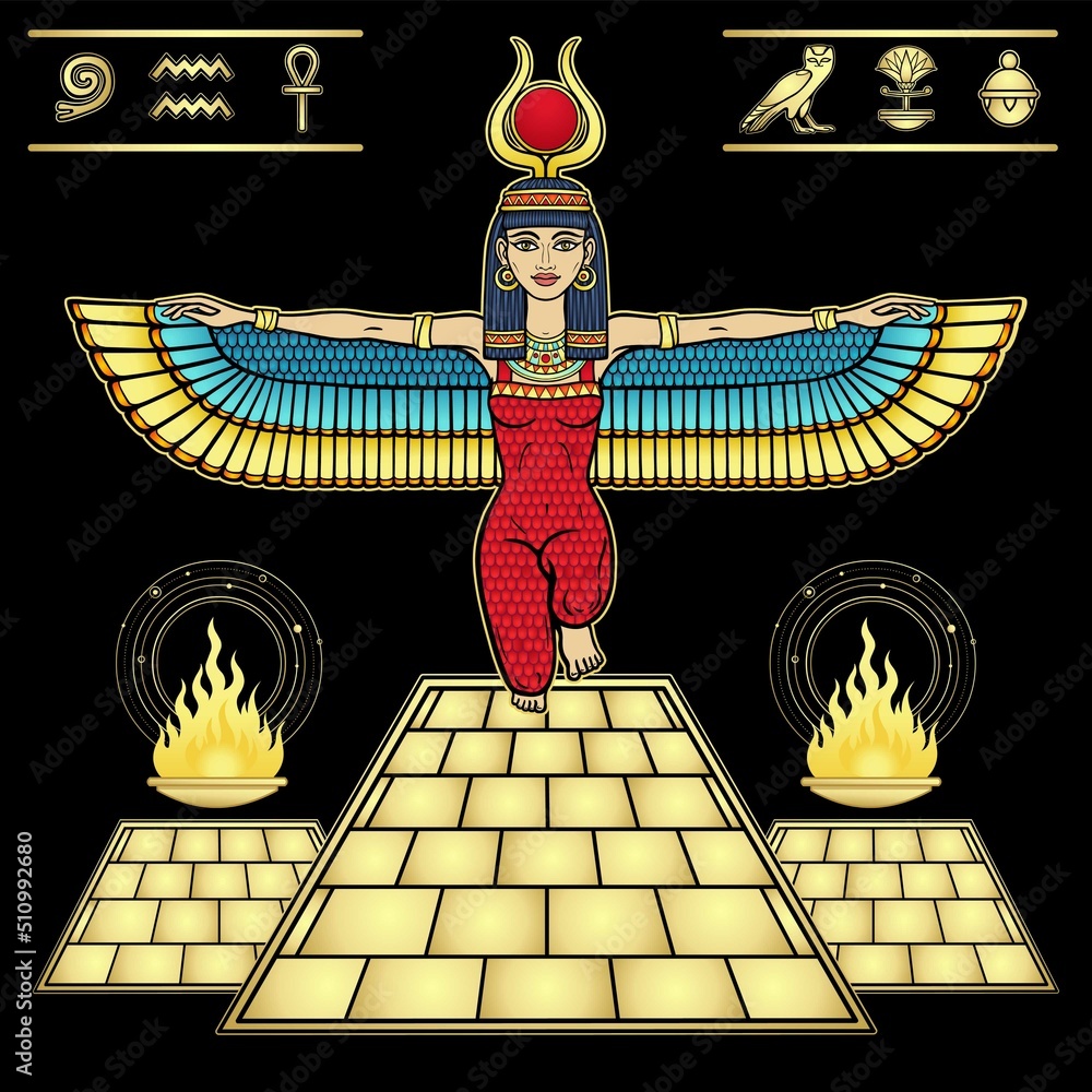 Mystical color drawing: winged goddess Isis at top of the Egyptian ...