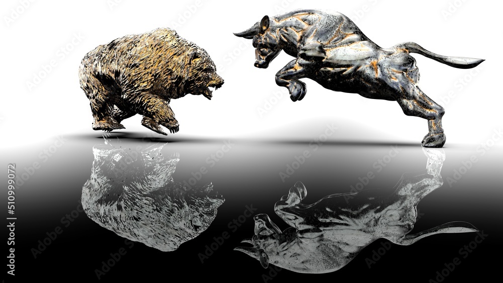 Metallic Silver bull and bear sculpture staring at each other in ...