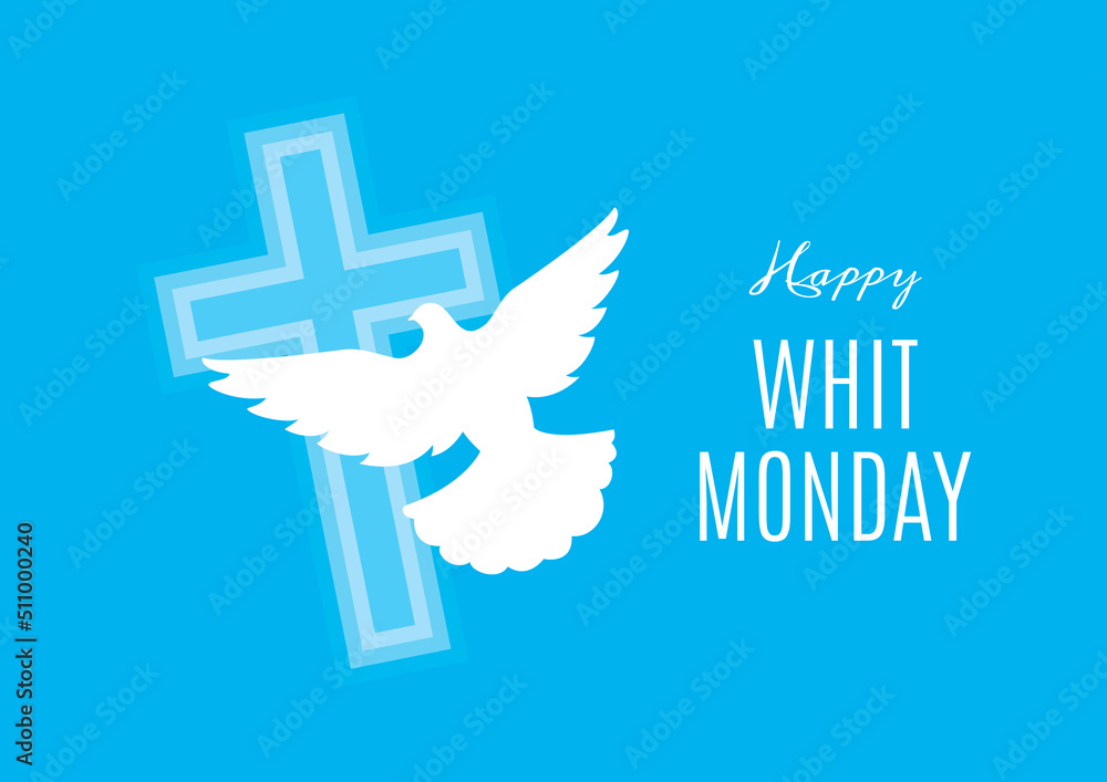 Happy Whit Monday vector. Holy Spirit white dove and religious cross on ...