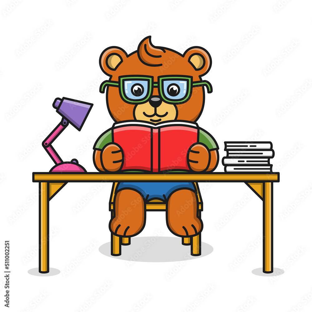 Cartoon illustration of a bear reading a book Stock Vector | Adobe Stock