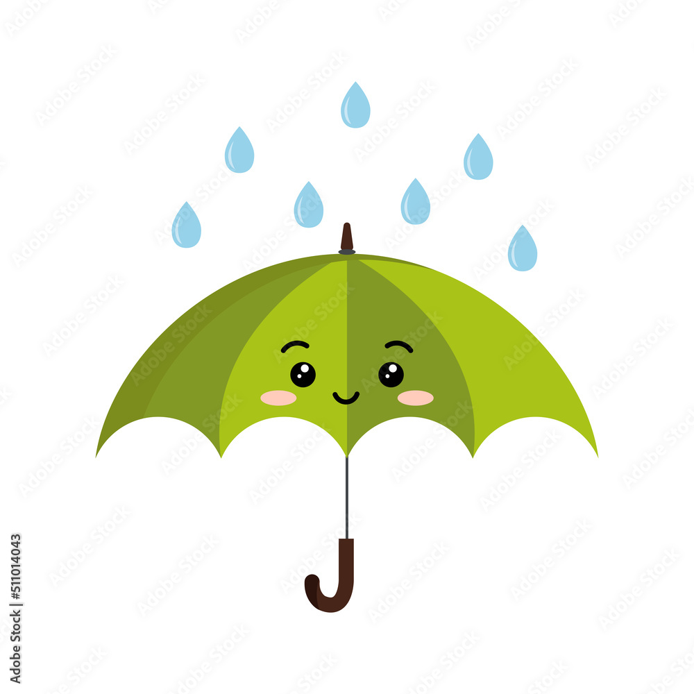Cute open umbrella with rain drops cartoon character emoji icon. Funny ...