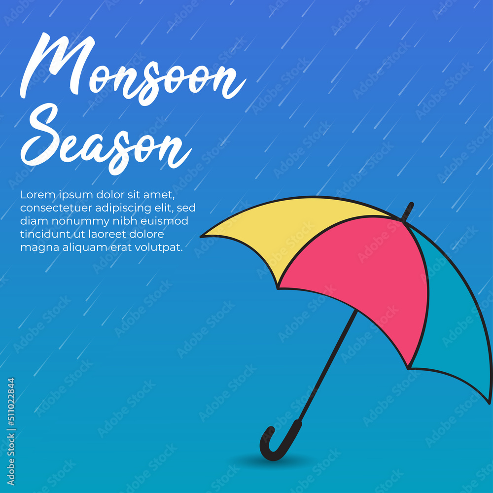 Monsoon season blue background with umbrella and rain Stock Vector ...