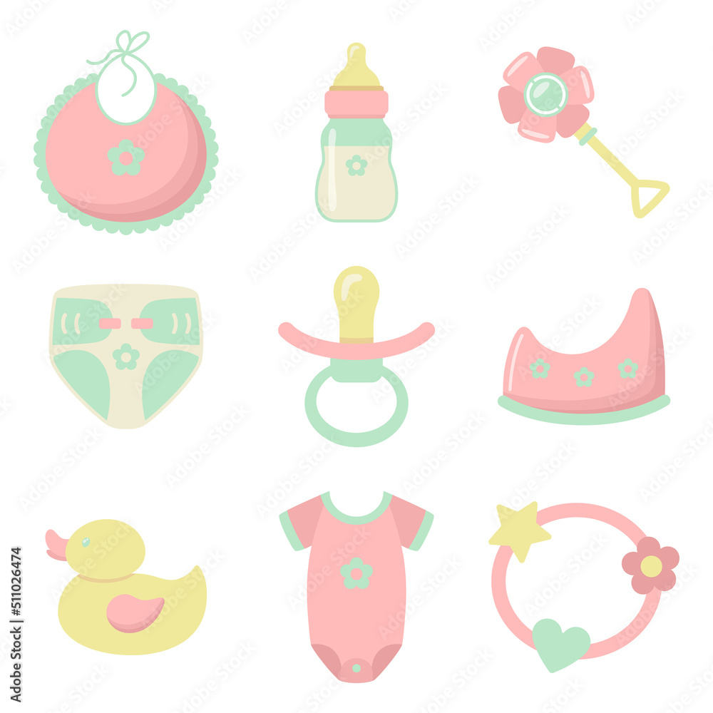 Baby items set. Simple cute flat icons for baby goods design. Bib ...