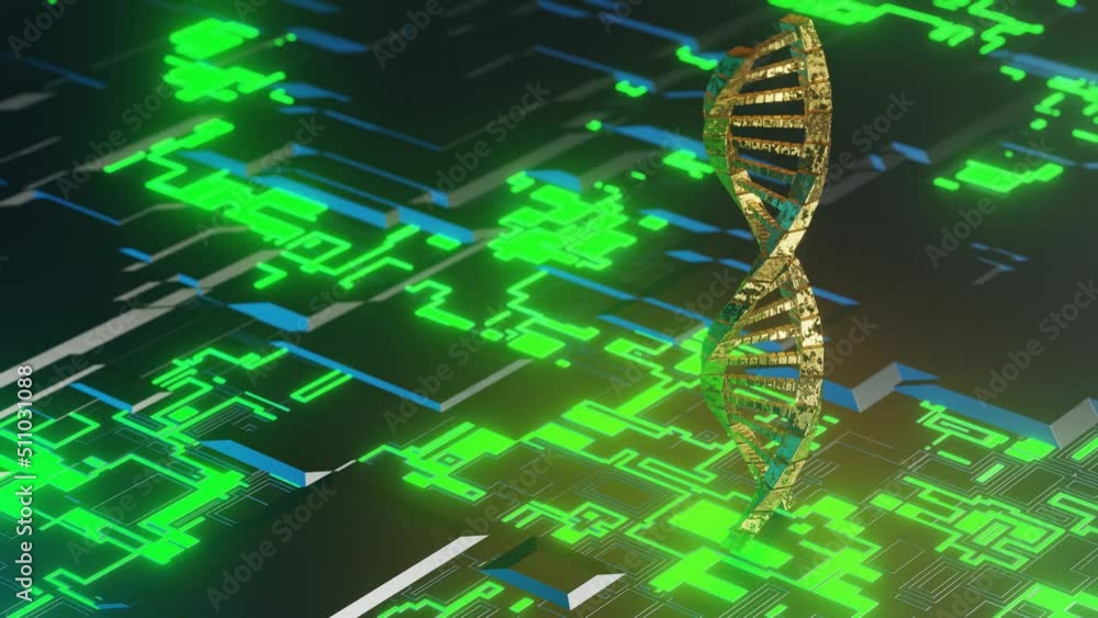 Golden DNA molecule complex spiral structure on a cpu abstract ...