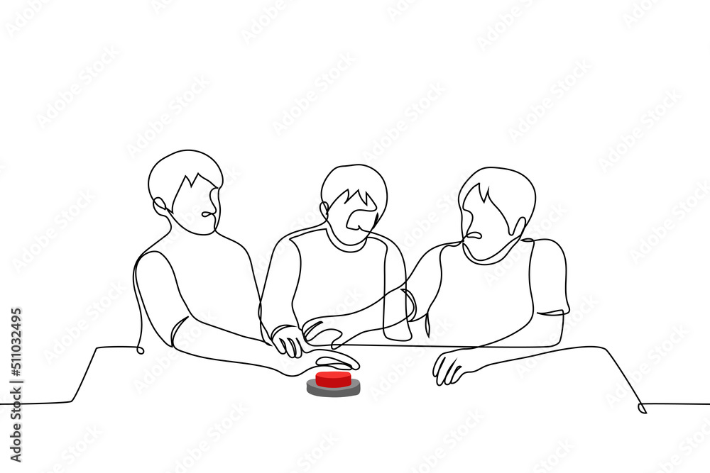 three men sit at the table and don't let one of them press the big red ...