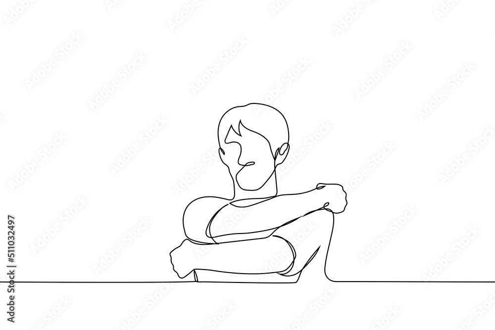 man hugging himself - one line drawing vector. concept self help, self ...