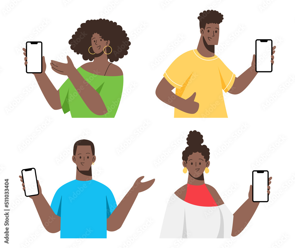 Black people point on empty screen of mobile phones. Cartoon male and ...
