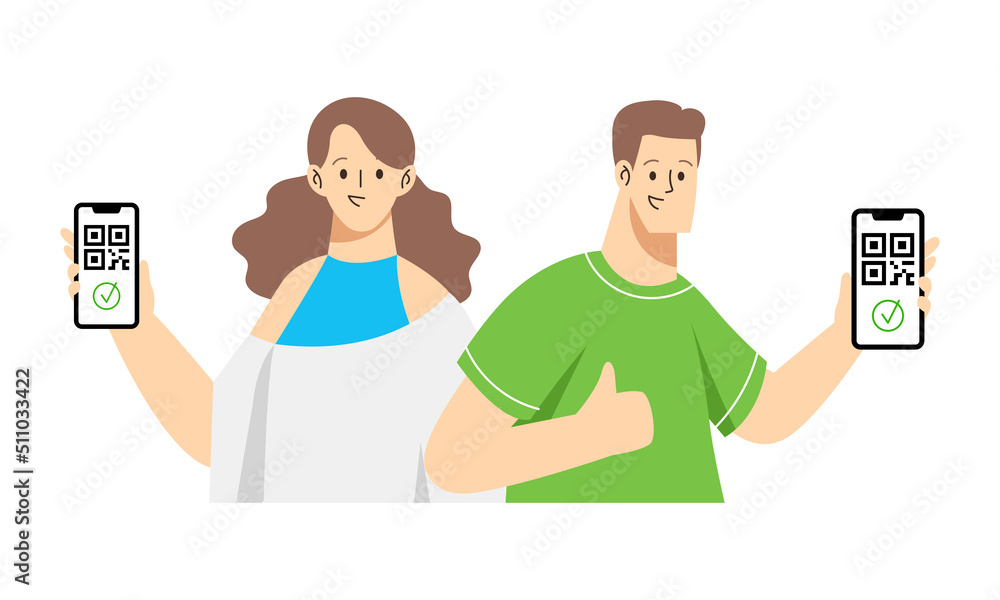 Vaccinated man and woman using digital health passports. Immunization ...