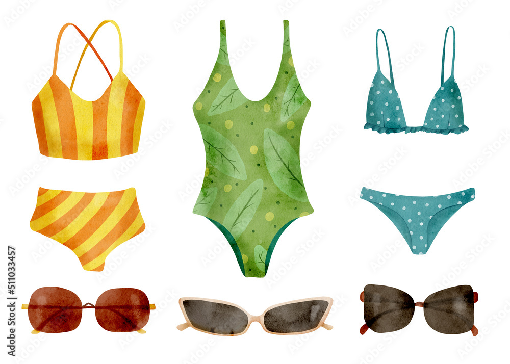 Watercolor beach wear and accessory set. Hand drawn swimsuits and ...