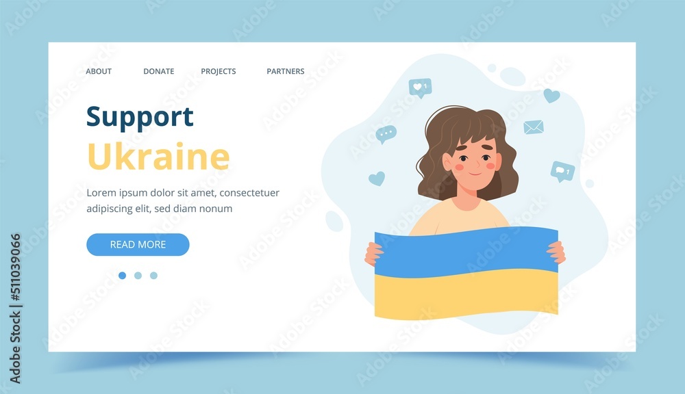 Support Ukraine, woman holding Ukrainian flag. Donating and ...
