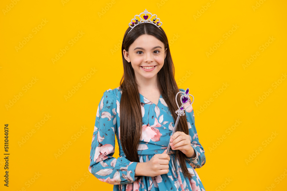 Teenage child girl princess on yellow background. Romantic wonderland ...