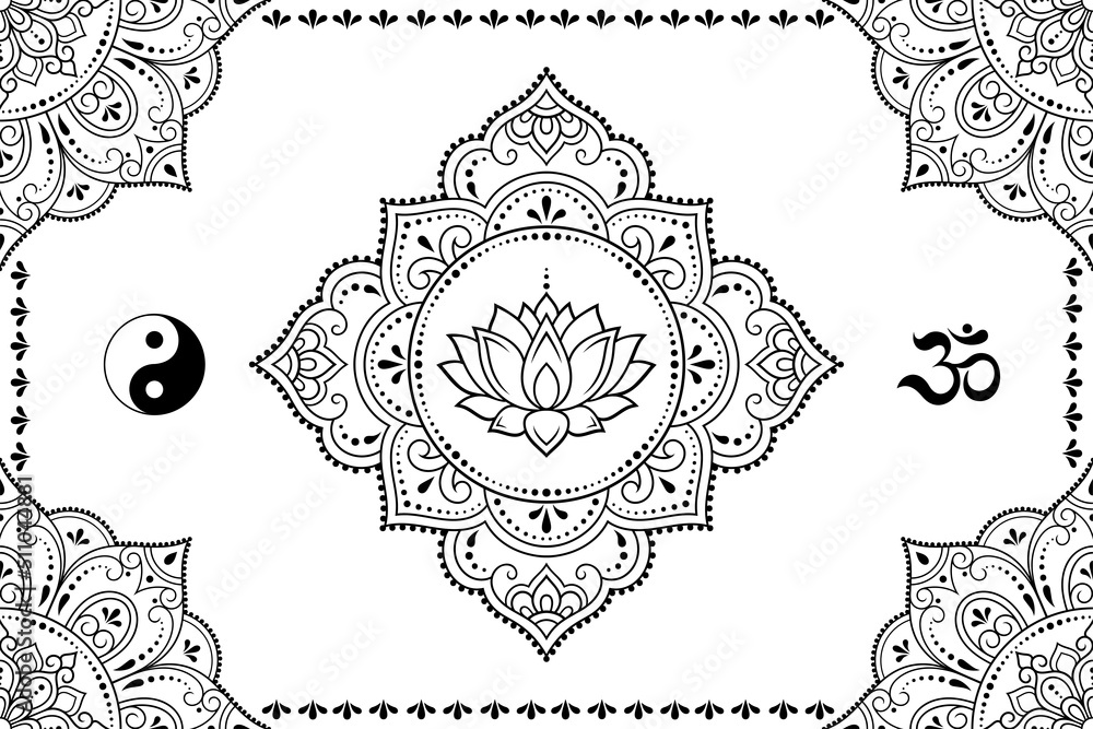 Set of Eastern ethnic religious symbols. Mandala with OM mantra, Yin ...