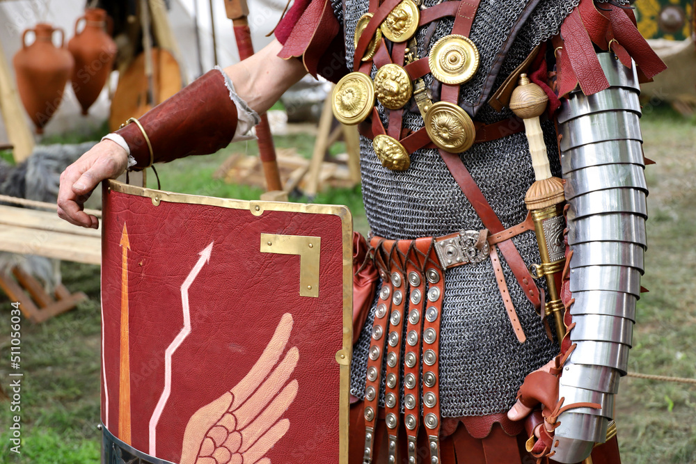 Legionary of Ancient Rome, close up of armor and scutum of infantry of ...