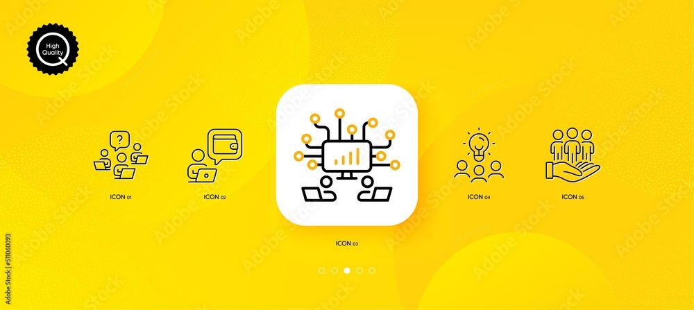 Business idea, Best buyers and Wallet minimal line icons. Yellow abstract background. Teamwork ...