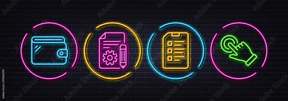 Wallet, Documentation and Checklist minimal line icons. Neon laser 3d lights. Touchscreen ...